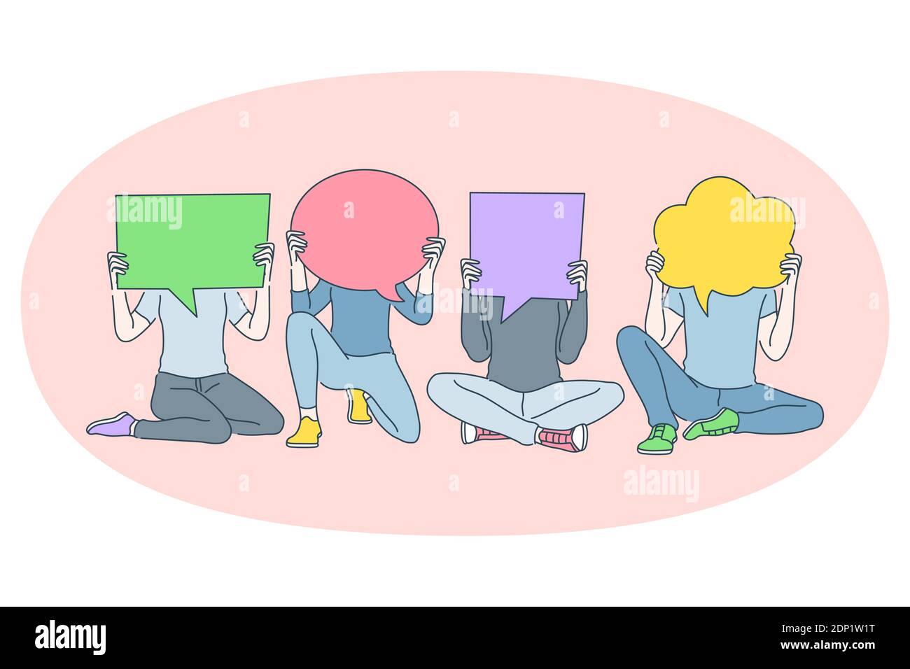 Demonstration, promotion, advertisement concept. Young human figures ...