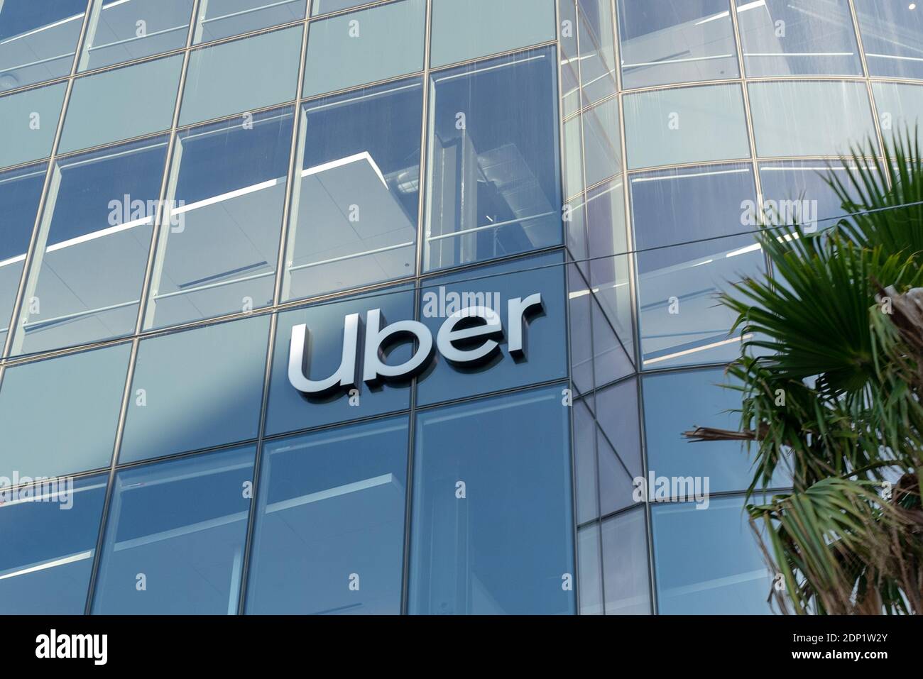 Logo is visible on facade at headquarters of ridesharing company Uber ...