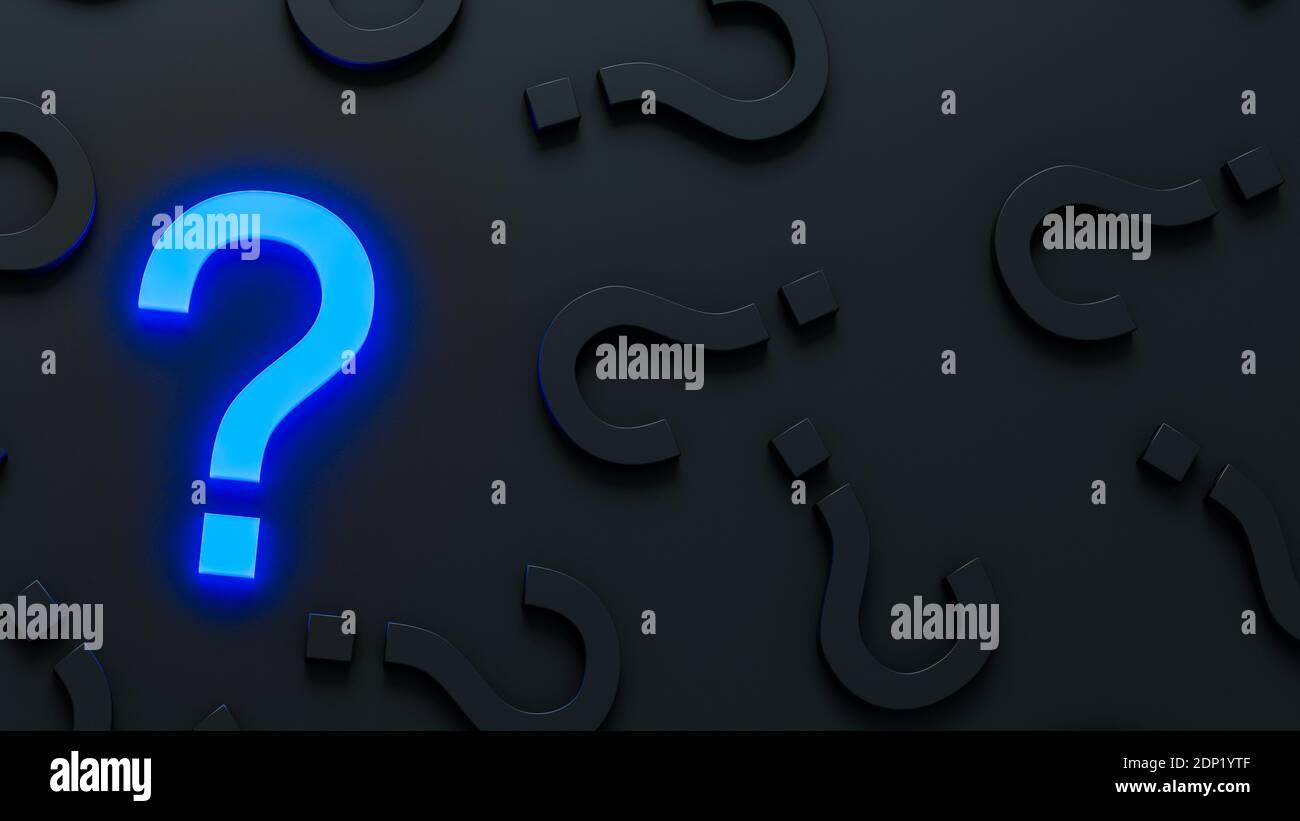 Blue glowing question mark on a background black and grey signs. 3D ...