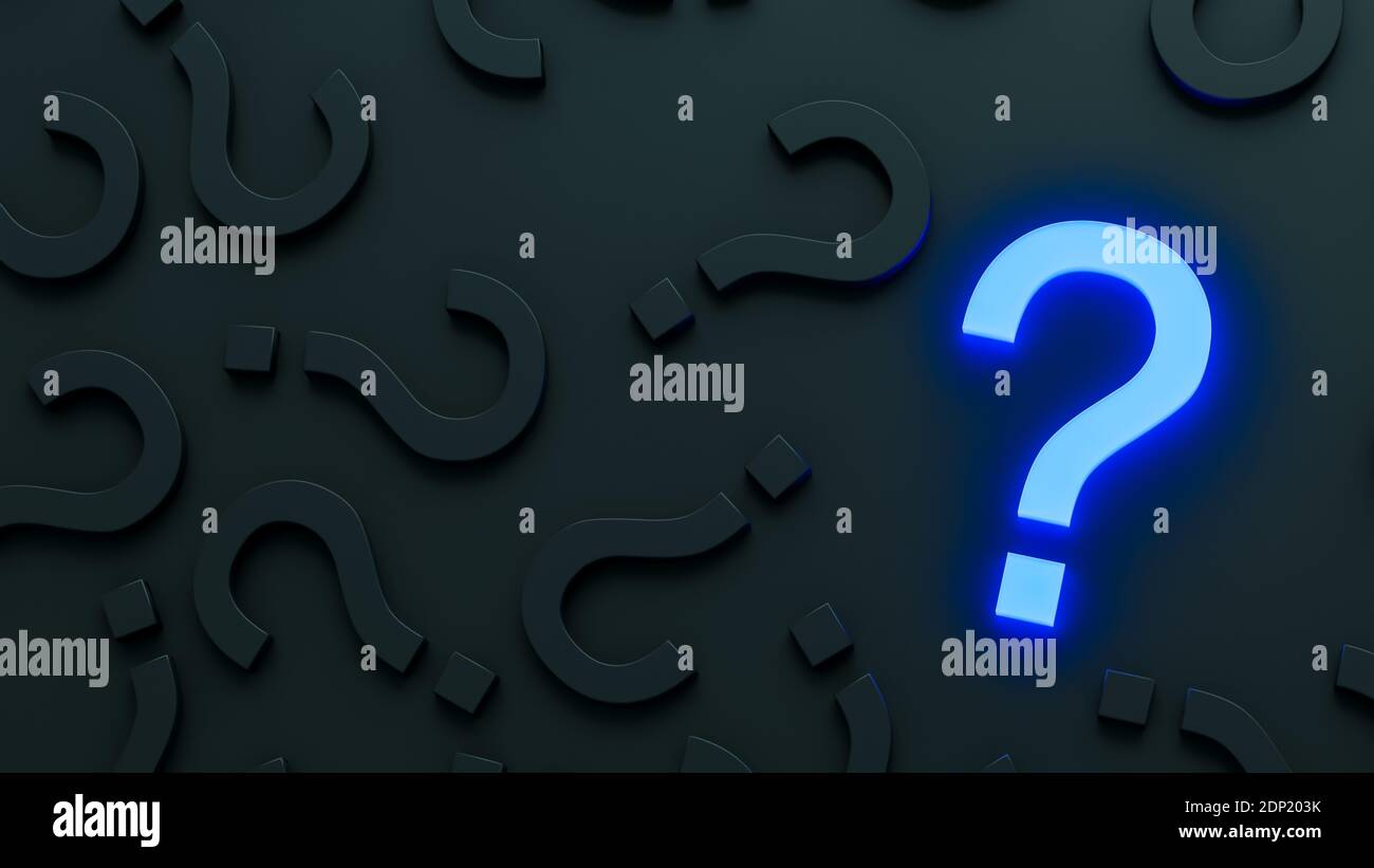 Blue glowing question mark on a background black and grey signs. 3D ...