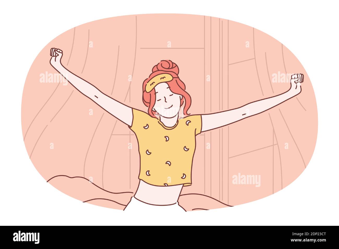 Morning waking up concept. Young smiling happy girl cartoon character ...