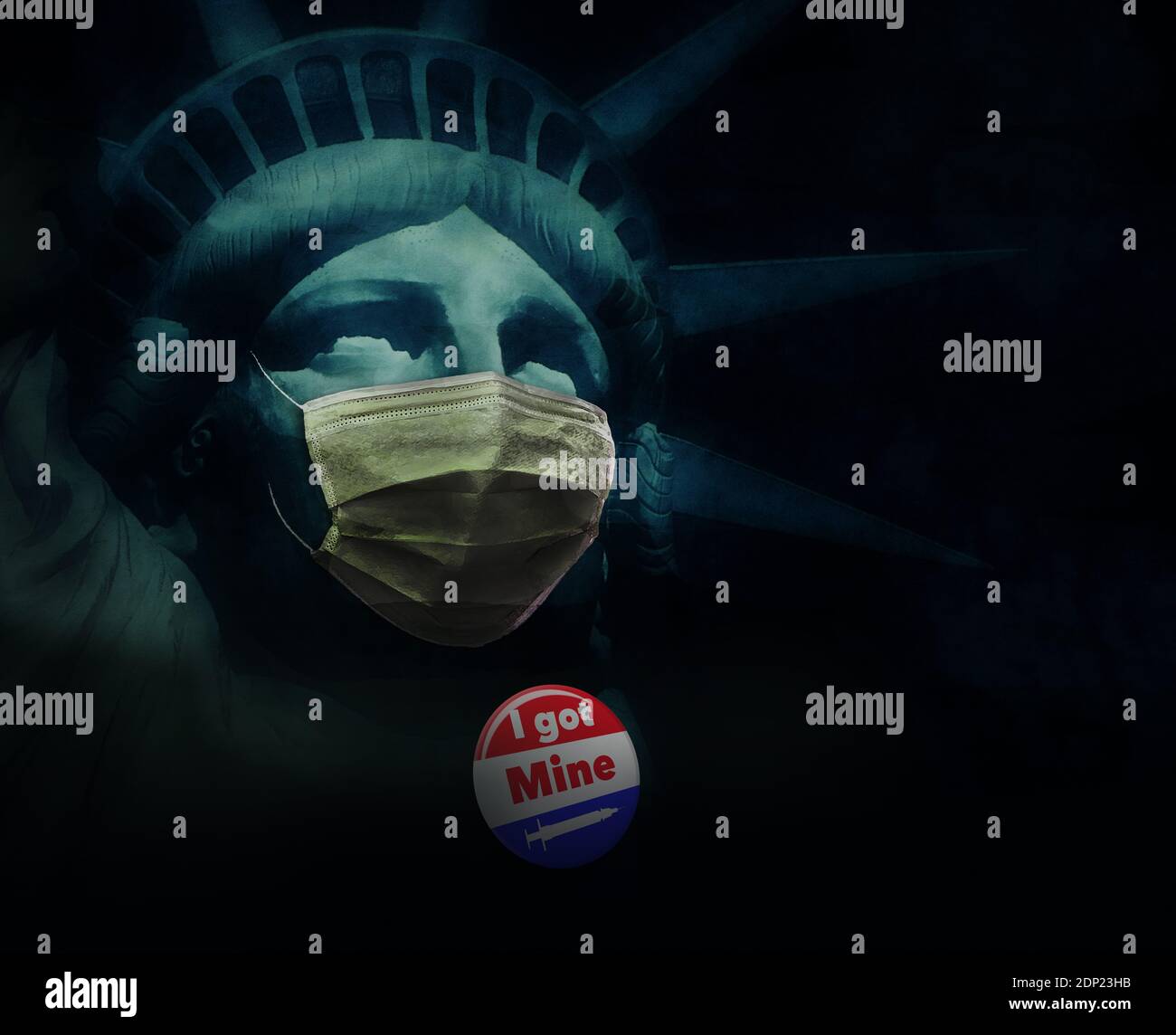 The Statue of Liberty is wearing a surgical mask and a badge that says ...