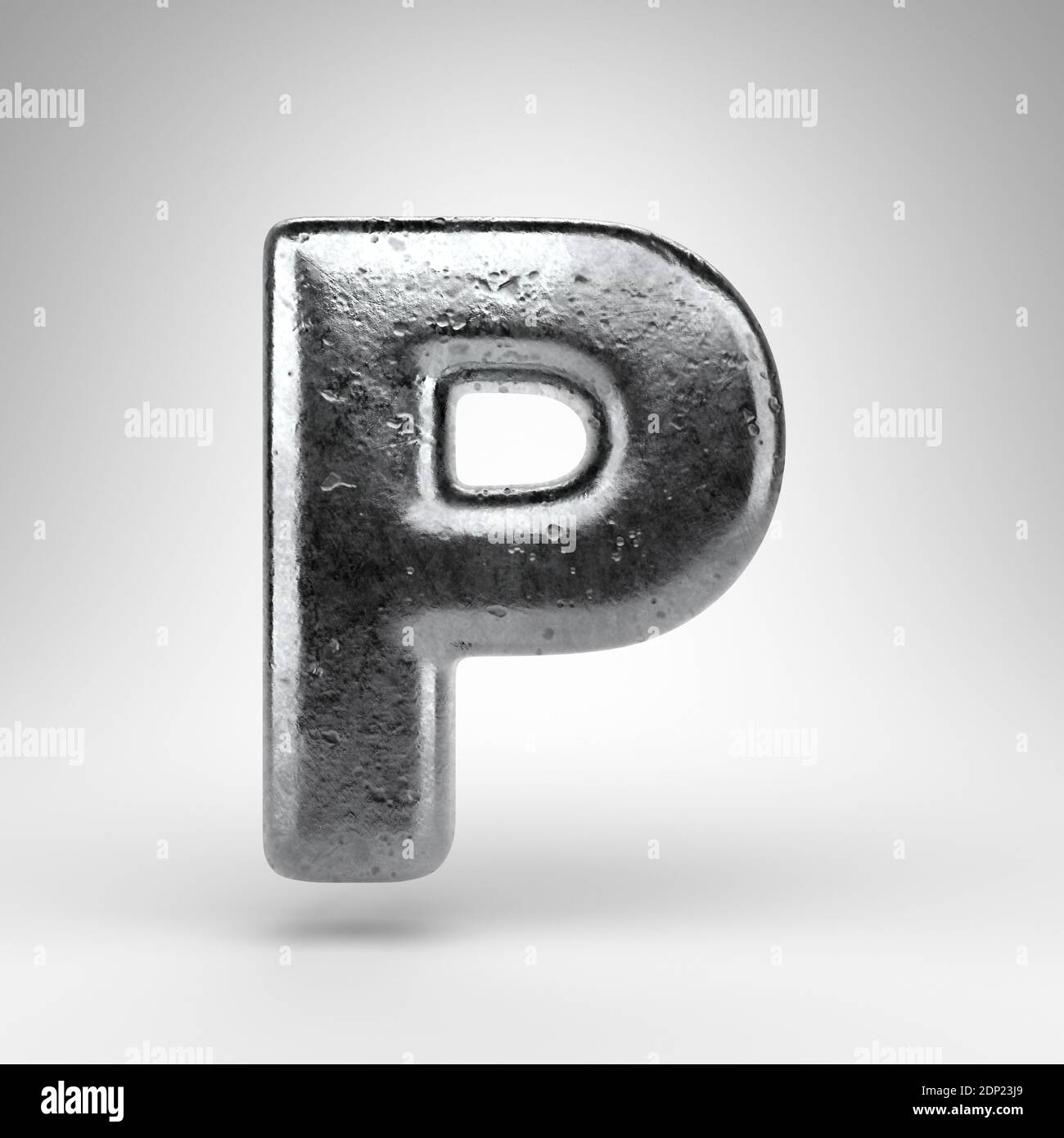 Letter P uppercase on white background. Iron 3D rendered font with ...