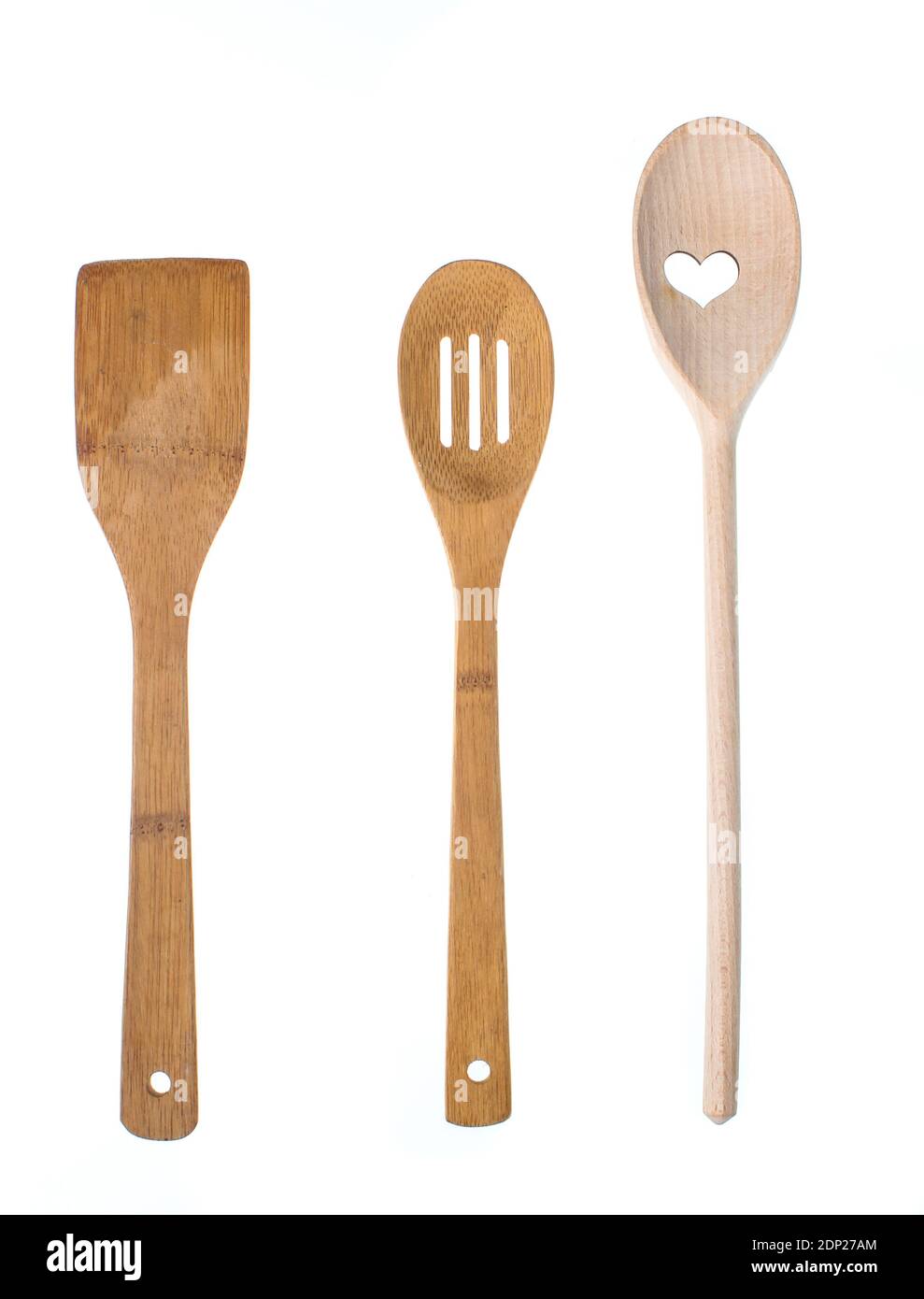 Wooden spatulas for cooking isolated on white background. Top view ...