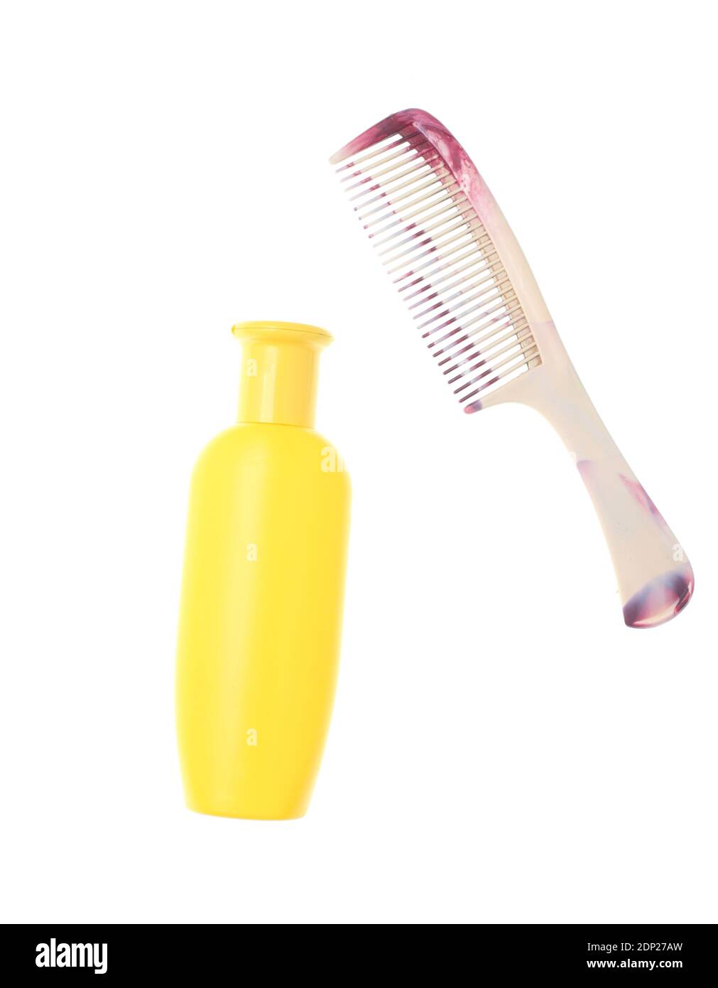 Bottle of shampoo comb isolated on white background.Hair care. Top view ...