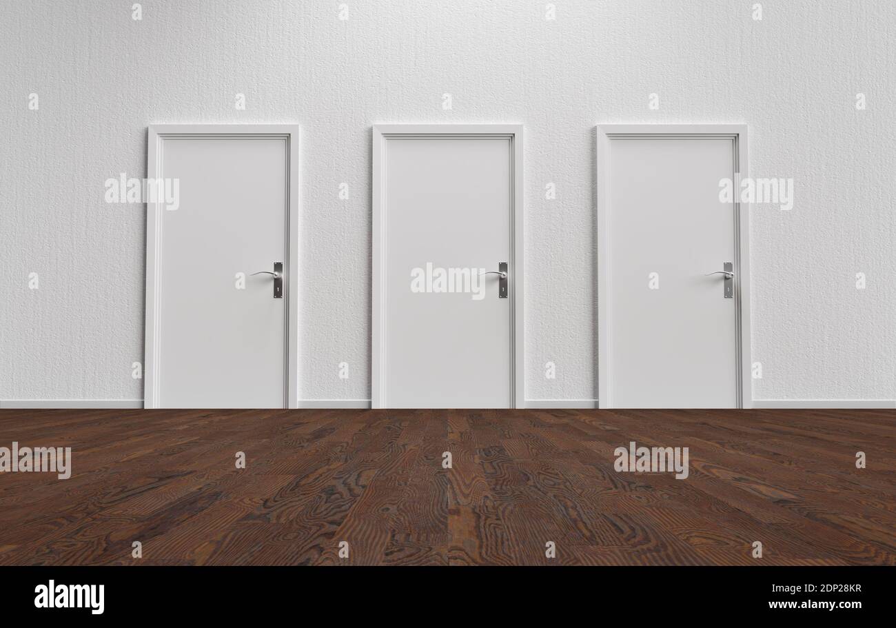 White wall with three closed doors and wooden floor 3D-Illustration ...