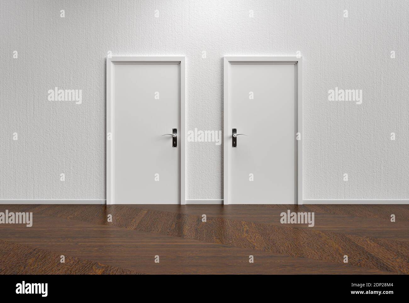 White wall with two closed doors and wooden floor 3D-Illustration Stock ...
