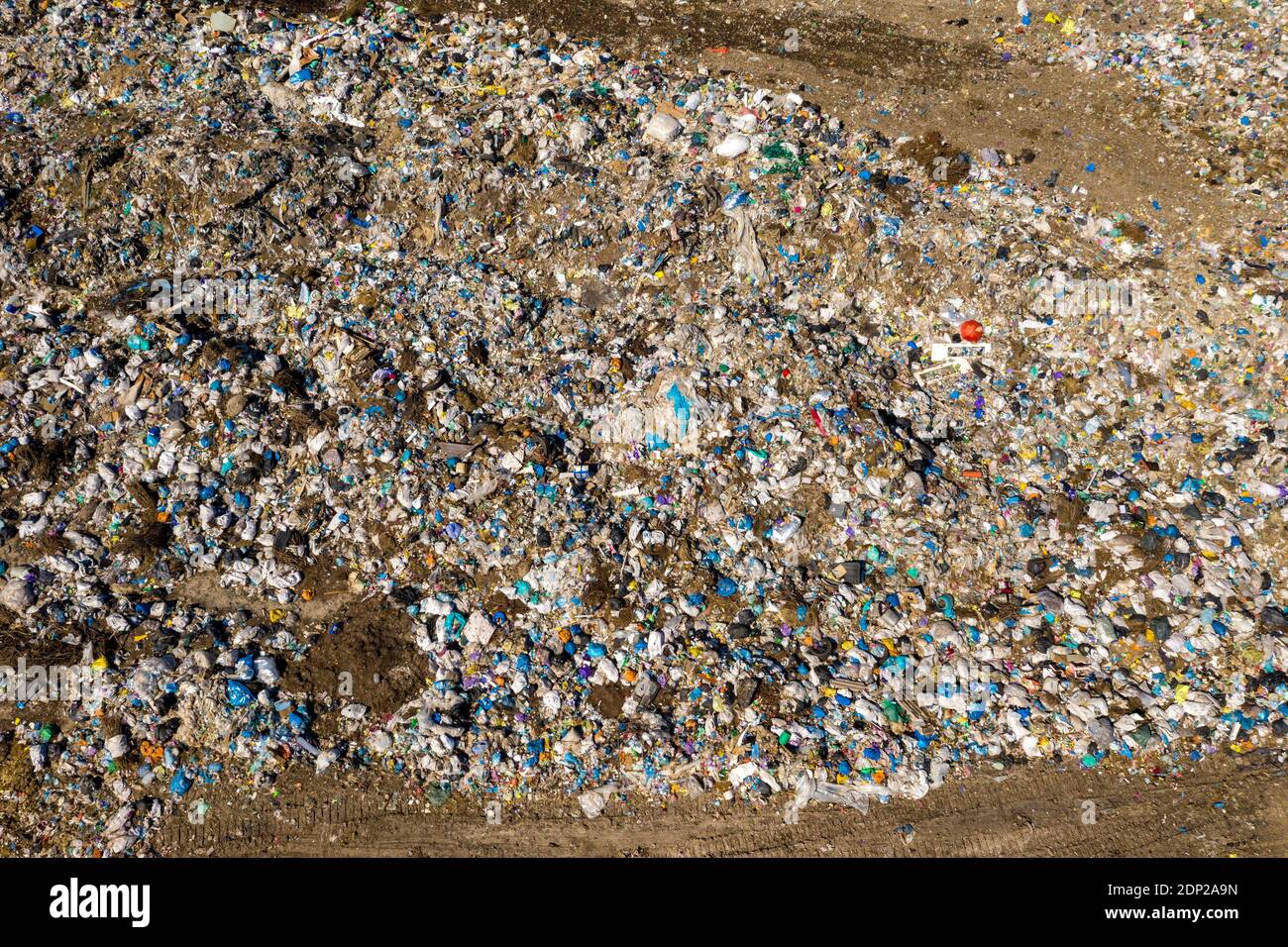 The plastic pollution in a landfill garbage dump aerial view Stock ...