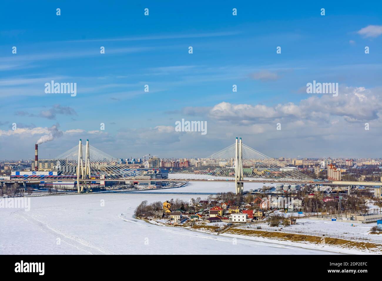 Aerial view of the Neva River and the right bank in St. Petersburg ...