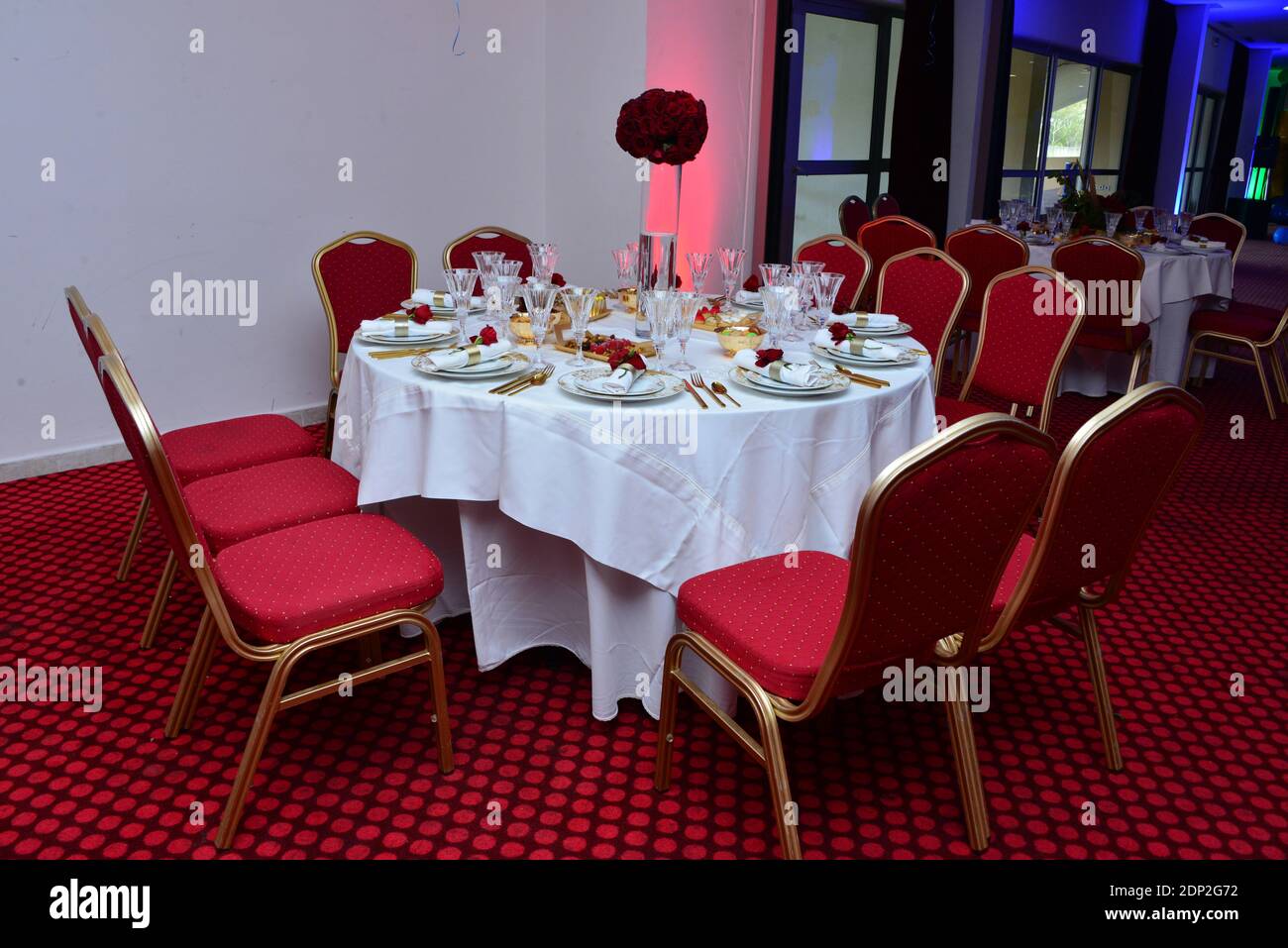 Wedding day event organization table setting decor Stock Photo - Alamy