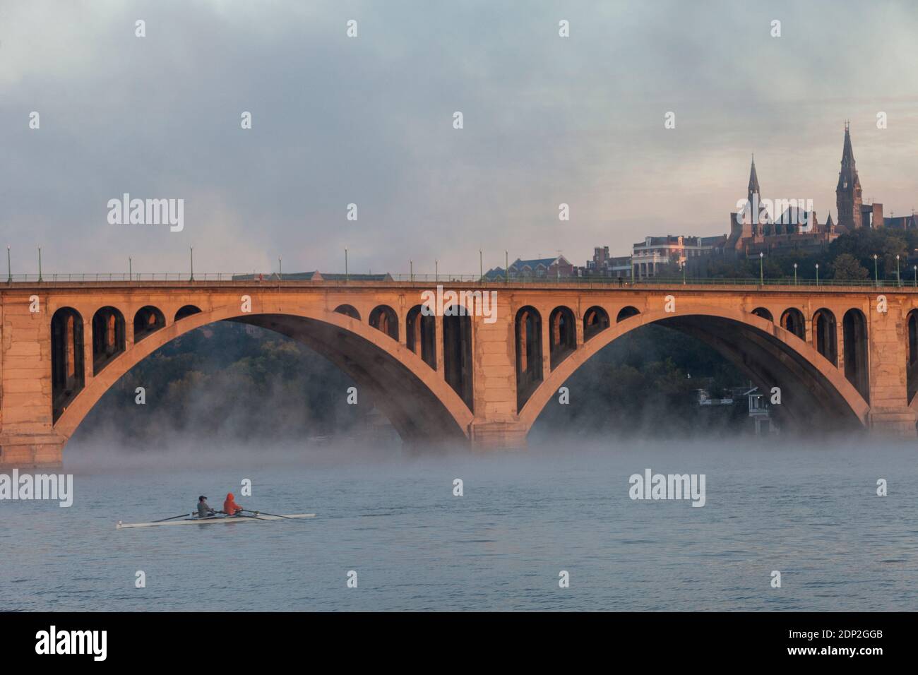 Early Morning Rowers in Skiff on Potomac River, Key Bridge and ...
