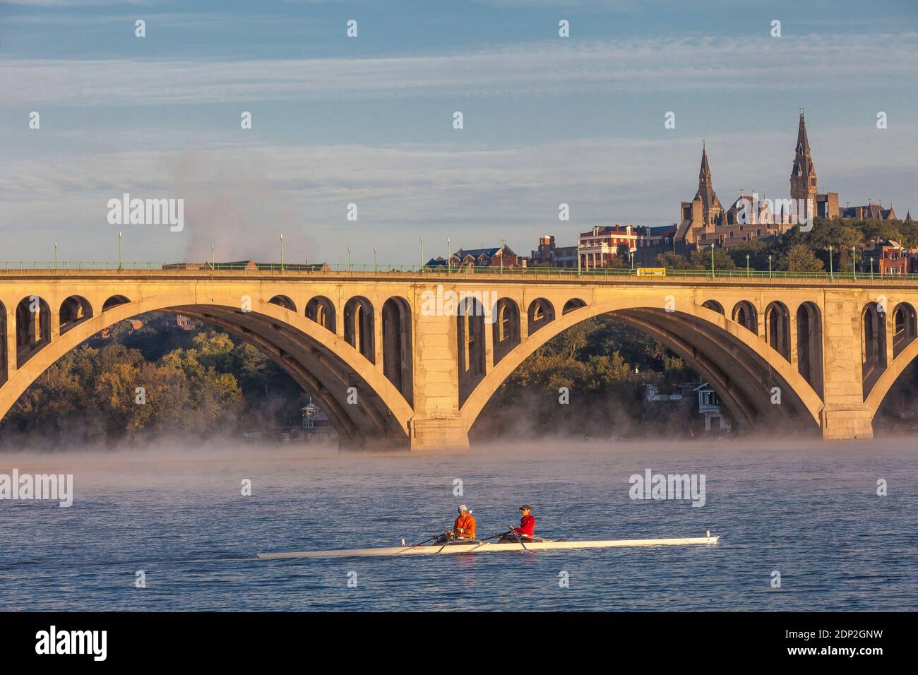 Early Morning Rowers in Skiff on Potomac River, Key Bridge and ...