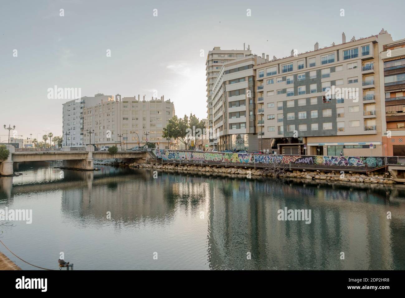 Malaga Spain. Guadalmedina river of Malaga City at Soho district, next ...
