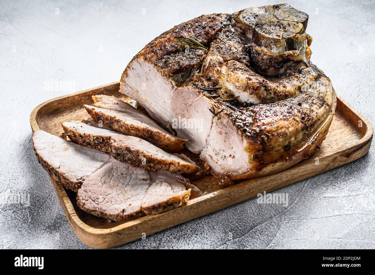 Roast sliced pork knuckle. Leg meat. Gray background. Top view Stock ...