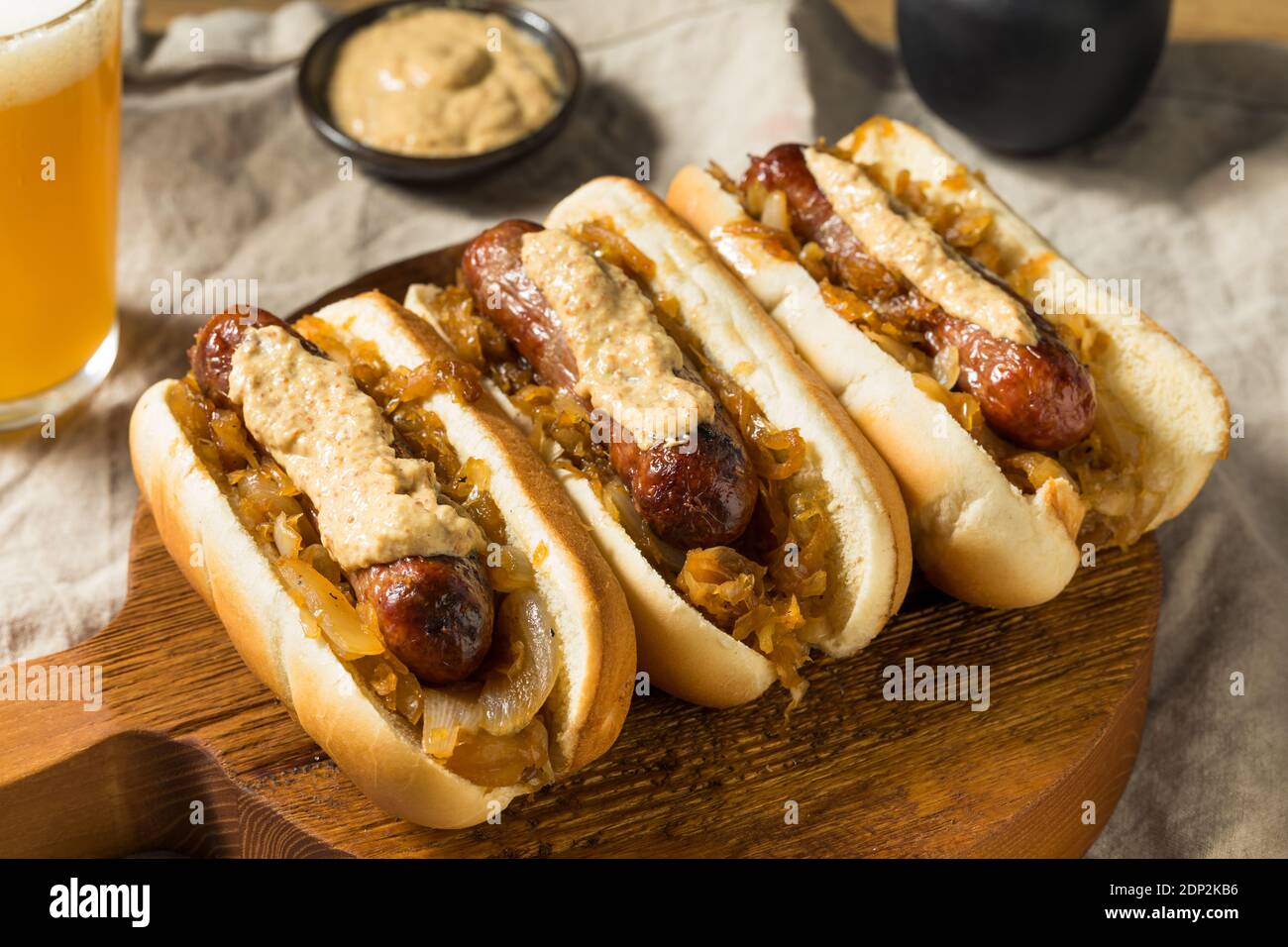 Homemade Bratwurst Sausage Sandwiches with Mustard and Sauerkraut Stock ...