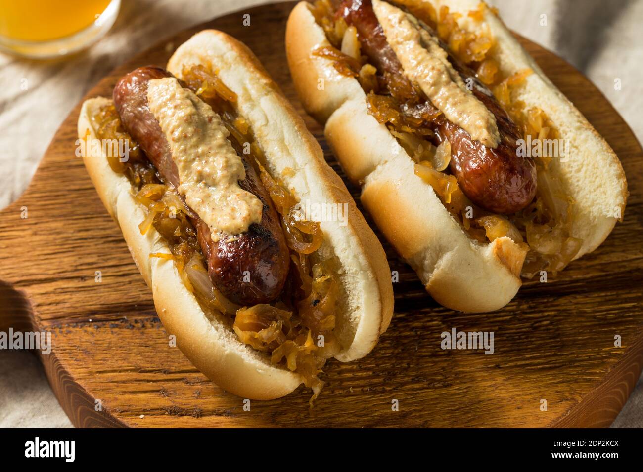 Homemade Bratwurst Sausage Sandwiches with Mustard and Sauerkraut Stock ...