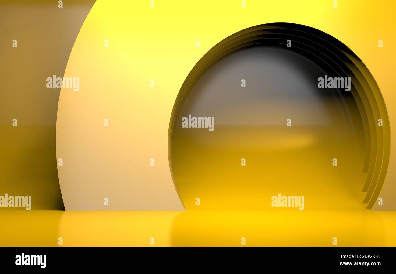 Abstract interior background with shiny yellow arch portal. 3d ...