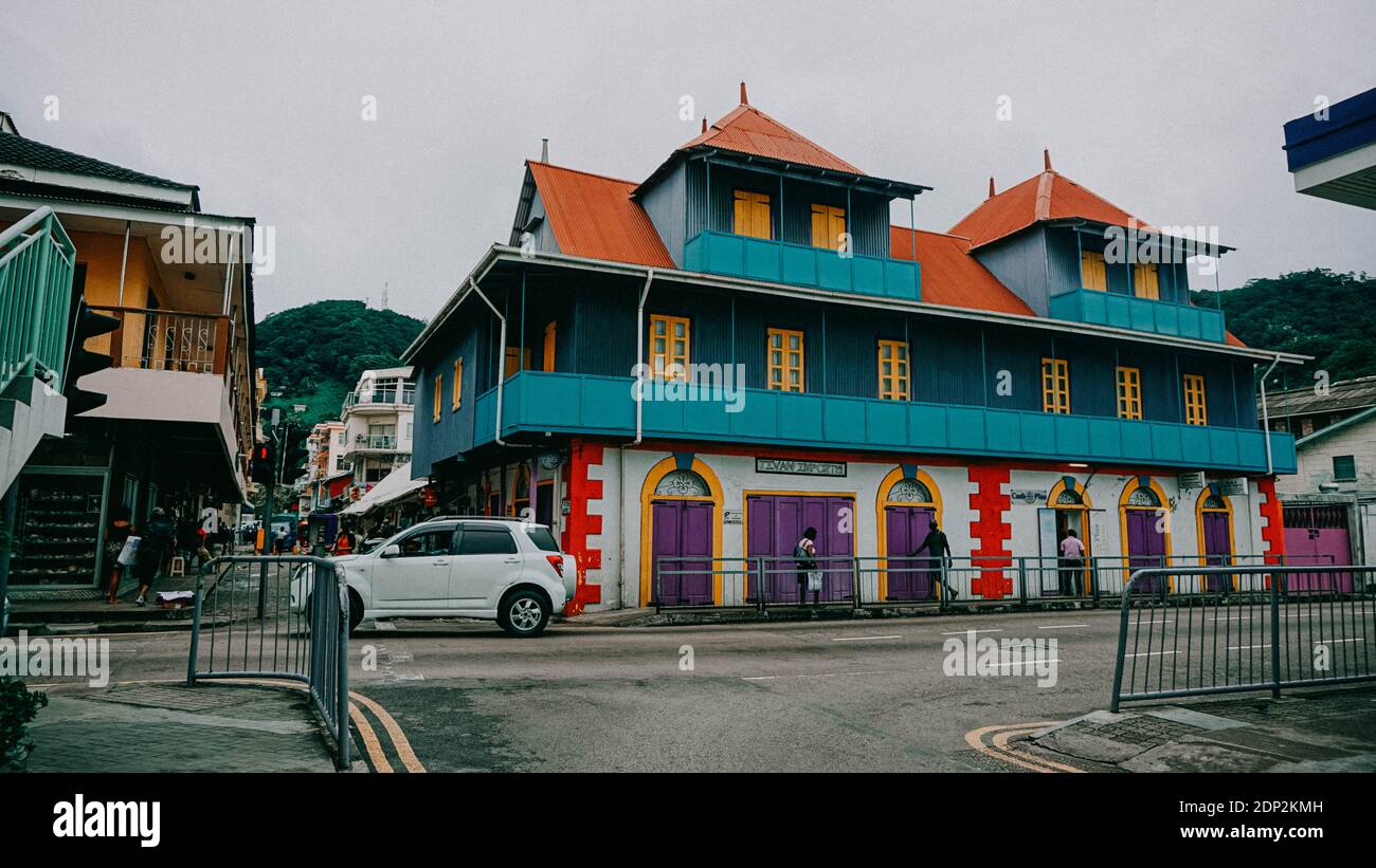 The Seychelles, "Mahe", Victoria, Albert St, Market St junction, color ...