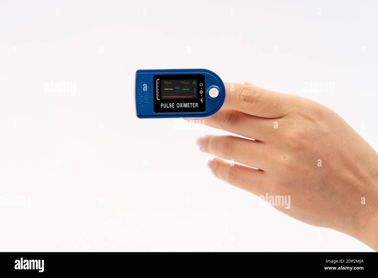 Fingertip Pulse Oximeter on finger. On white background. Device for ...