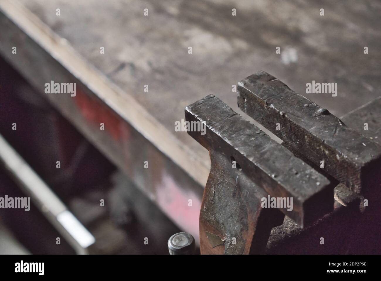 Workshop bench vice grip. High angle view Stock Photo - Alamy