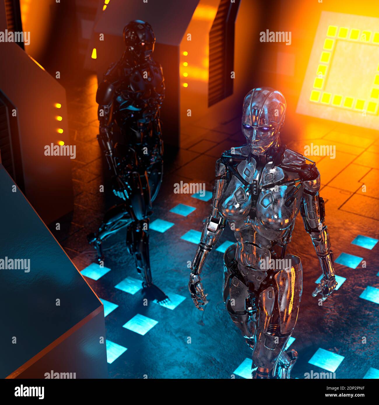 Two metallic cyborgs in a futuristic room - 3d rendering Stock Photo ...