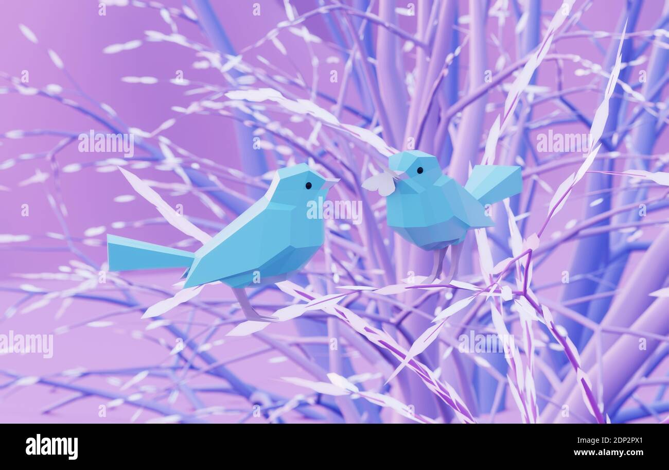 two beautiful low poly tit birds sitting on branch, male feeds female ...