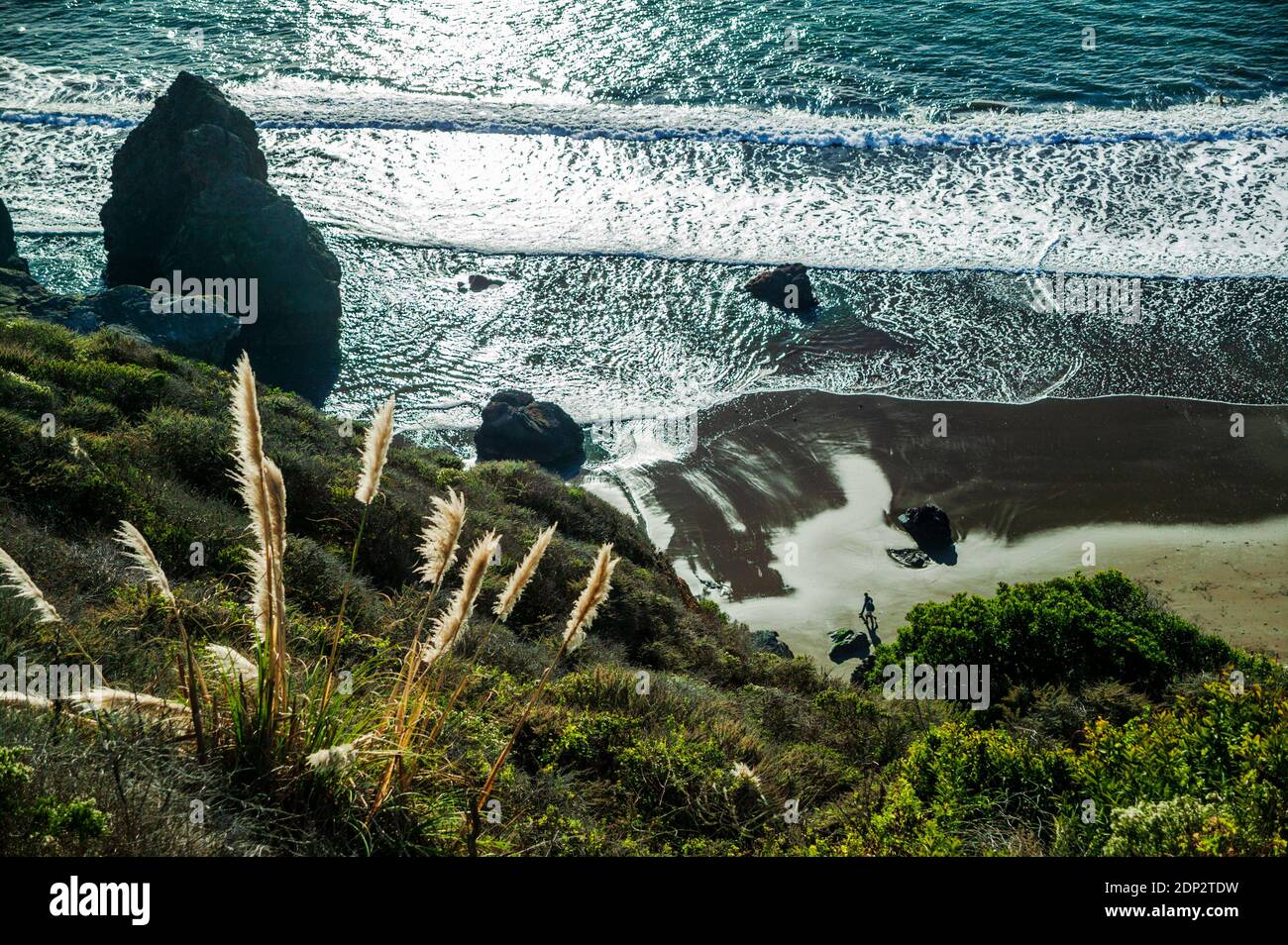 Overhead view down onto a northern California beach, waves reflecting ...