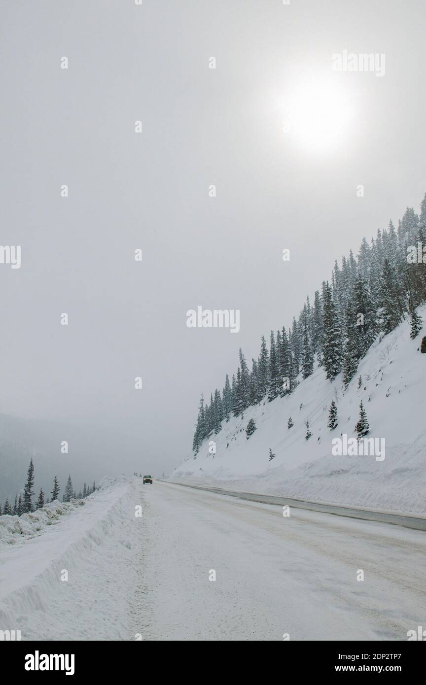 Snowy winter view of Highway 50 near Monarch Pass, Sawatch Range ...