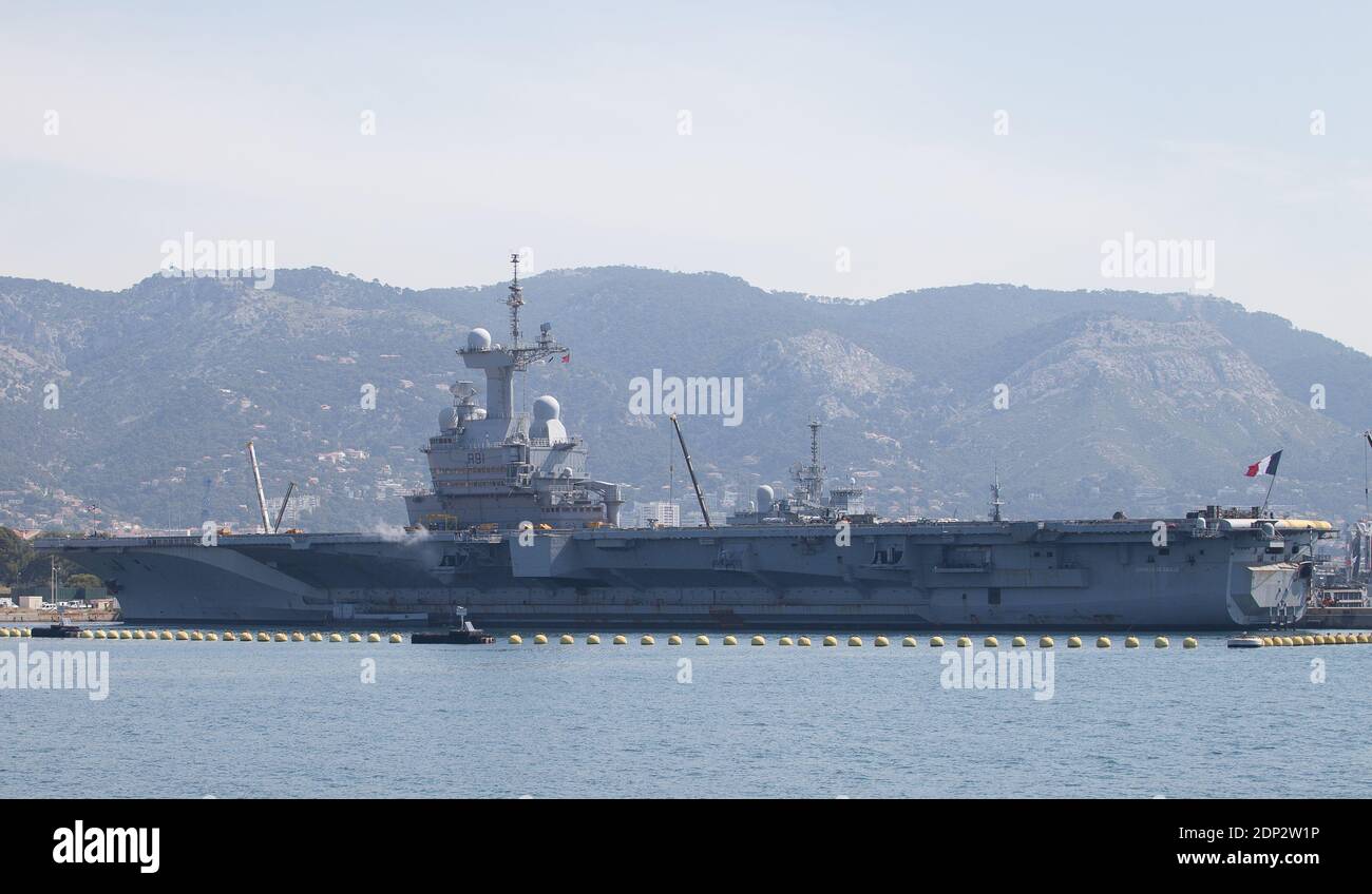 French nuclear-powered aircraft carrier Charles de Gaulle is moored in ...
