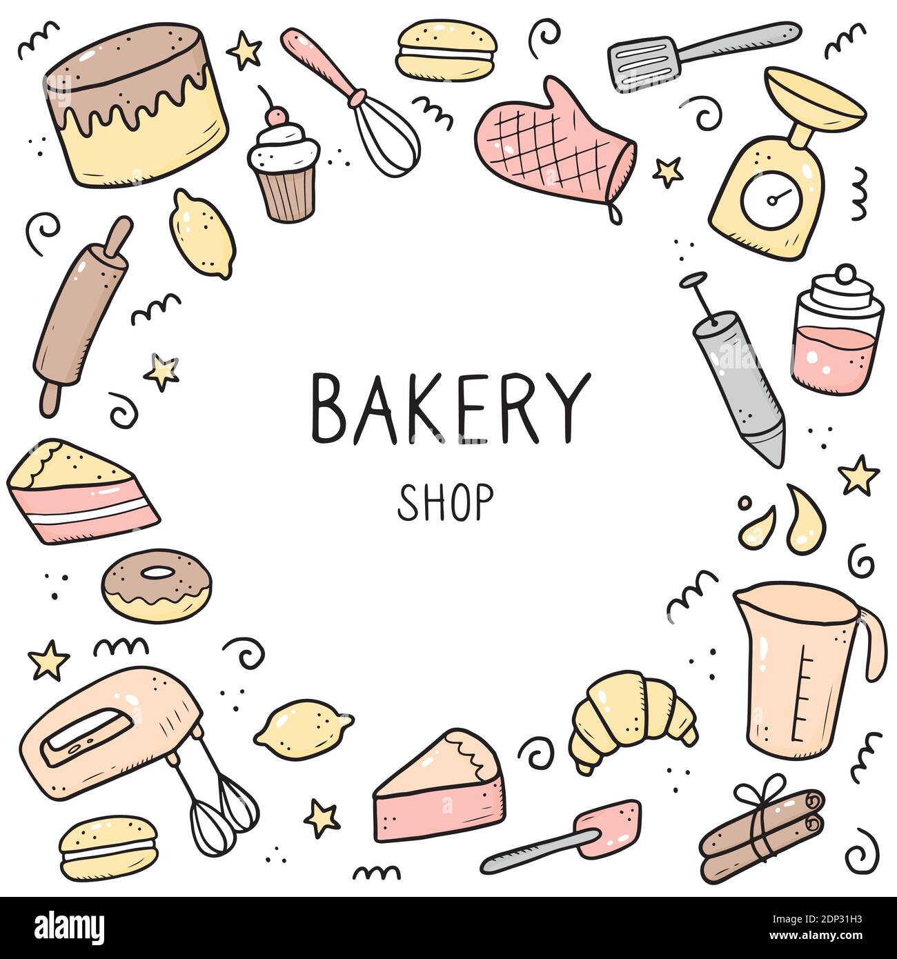 Hand drawn set of baking and cooking tools, mixer, cake, spoon, cupcake ...