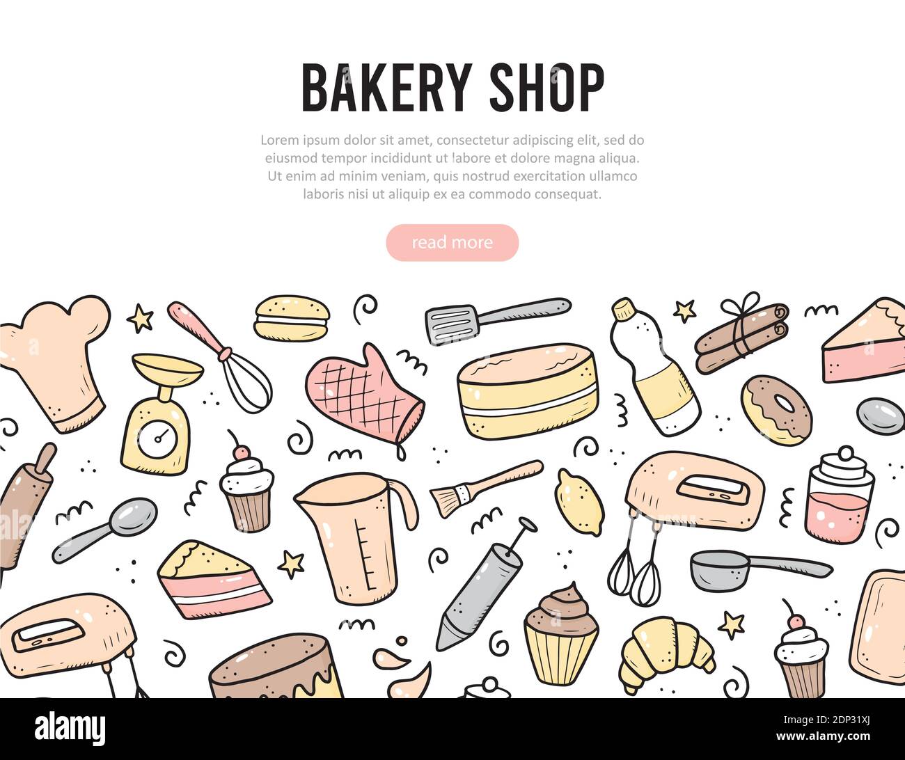 Hand drawn set of baking and cooking tools, mixer, cake, spoon, cupcake ...