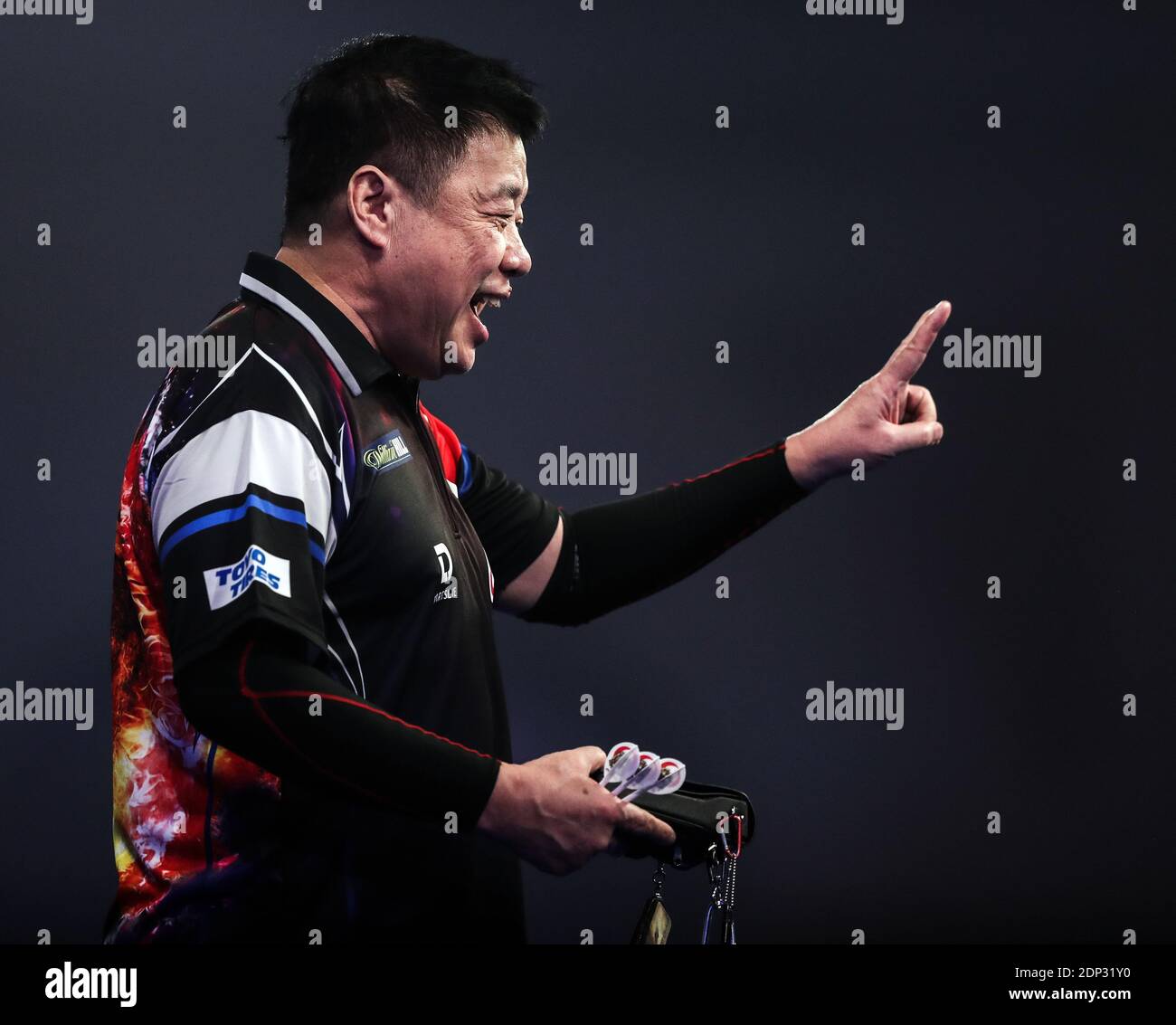 Paul Lim celebrates after winning his match against Luke Humphries ...