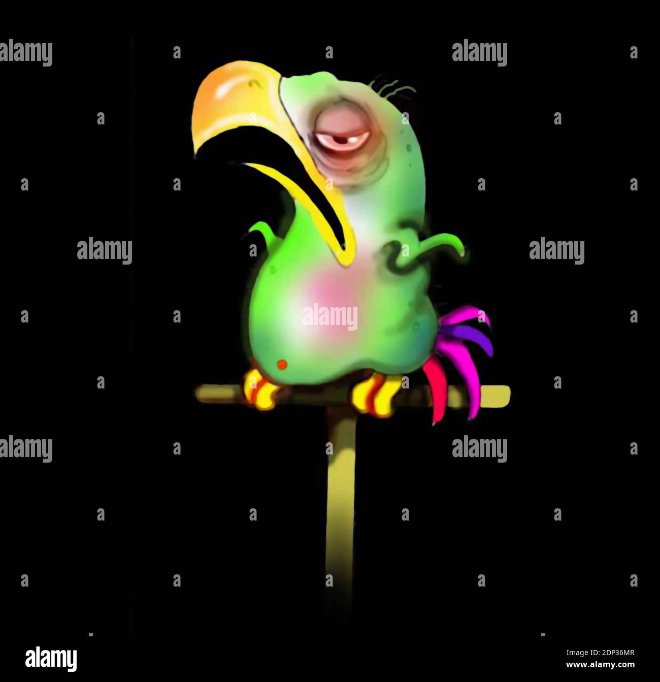 Sick as a parrot. Green, ill looking bird with colorful tail feathers ...