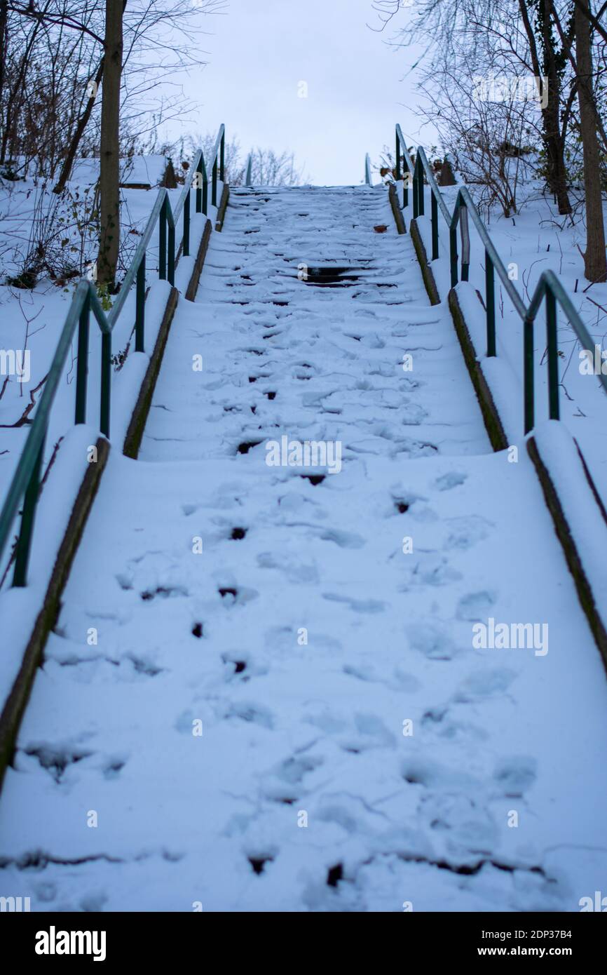 A Large Set of Stairs Covered in Snow With Footsteps In It Stock Photo ...