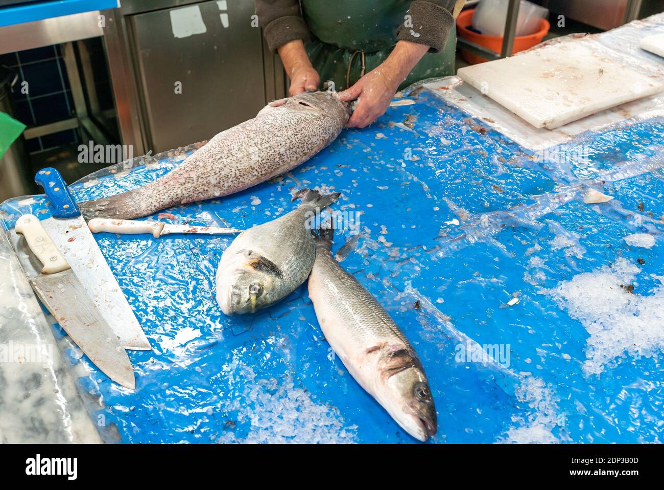 fisherman taking the scales off fresh fish in the Livramento market in ...