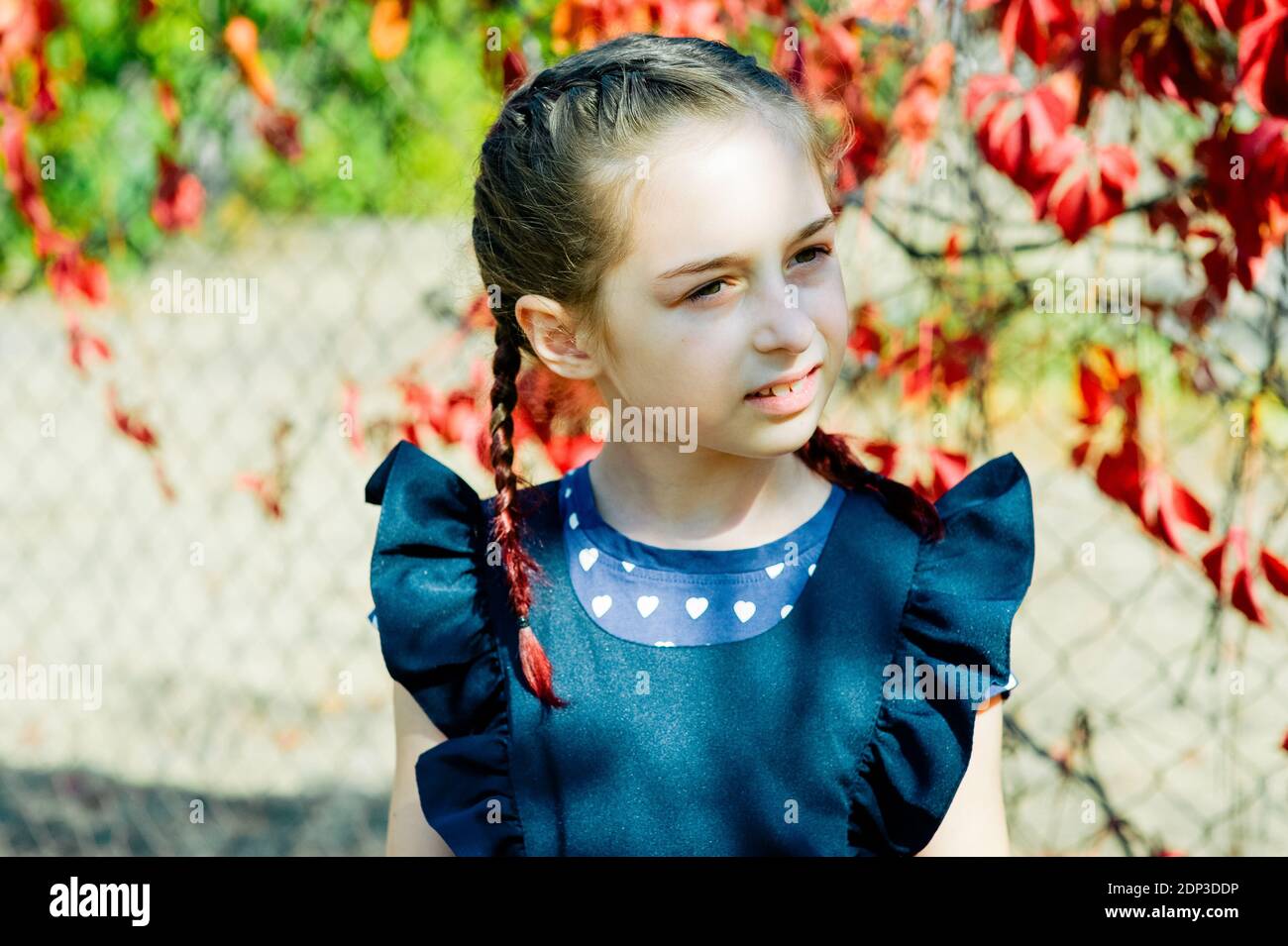 Girl with beautiful hair on a background of nature. SSchoolgirl in a ...