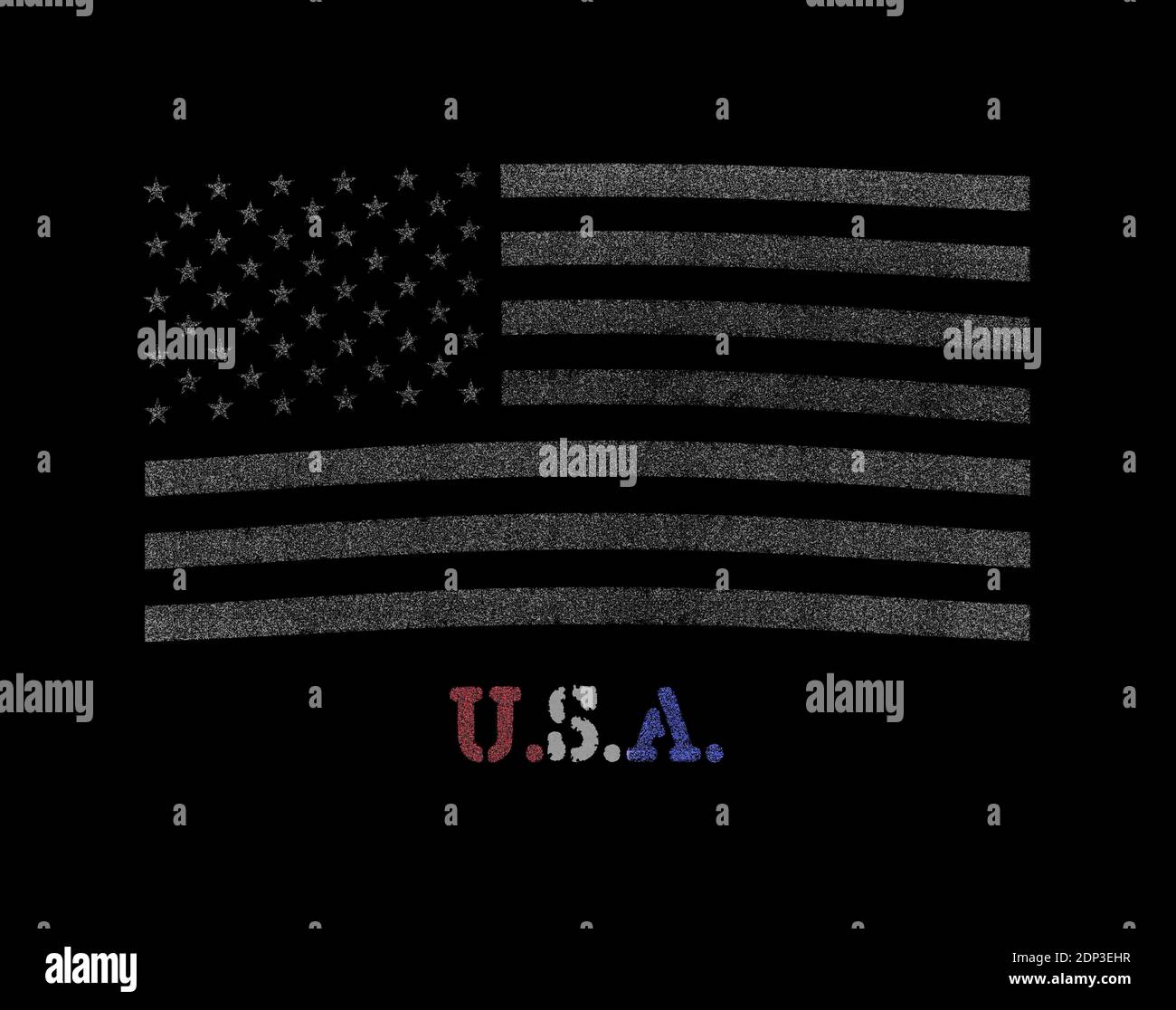 A USA flag is seen in black and white and grey with color in the letter ...