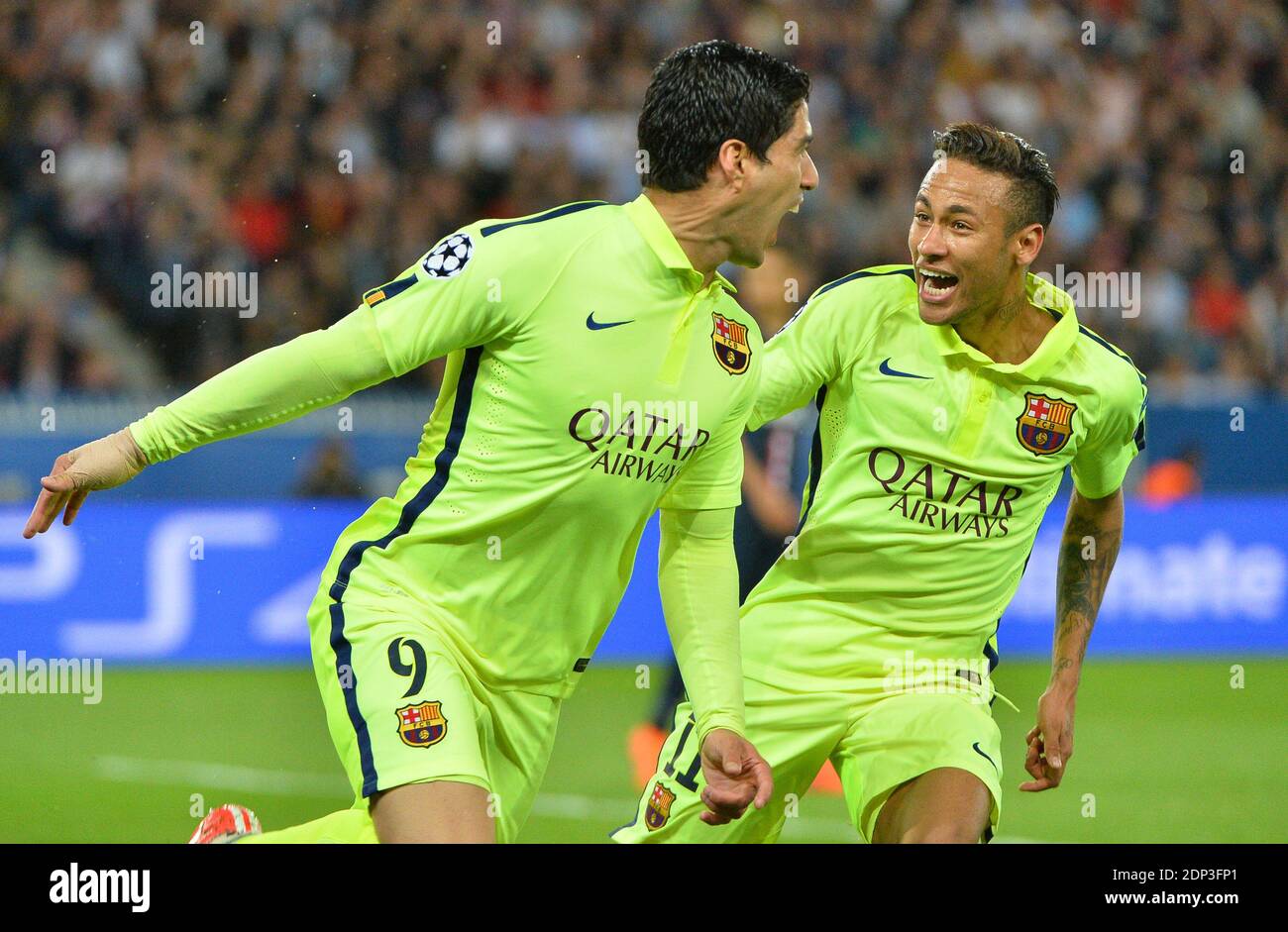 Barcelona's Luis Suarez celebrates after scoring with team mate Neymar ...