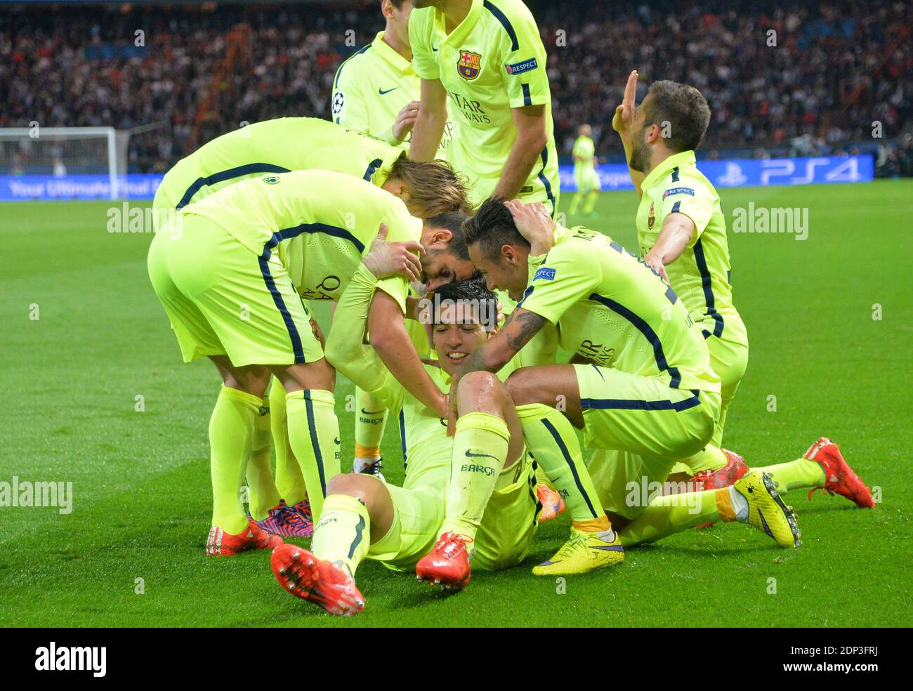 Barcelona's Luis Suarez celebrates after scoring with team mates during ...
