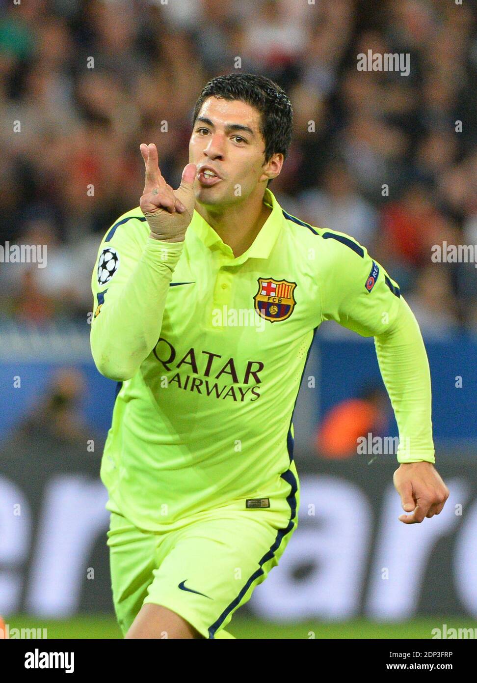 Barcelona's Luis Suarez celebrates after scoring during the UEFA ...