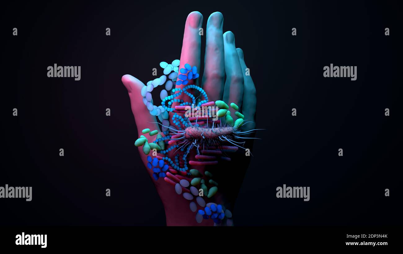 Bacteria on a hand, conceptual illustration Stock Photo - Alamy