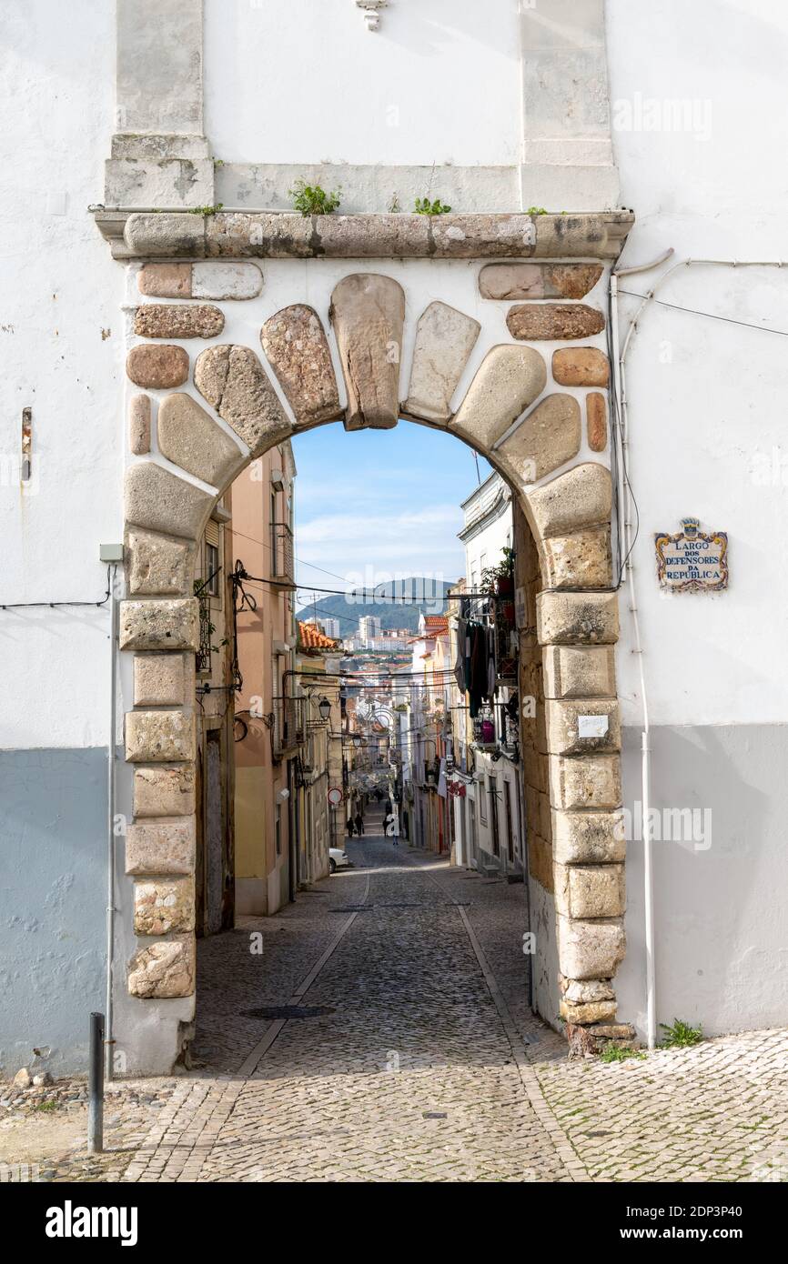 Setubal, Portugal - 18 December 2020:the old city gate leading into the ...