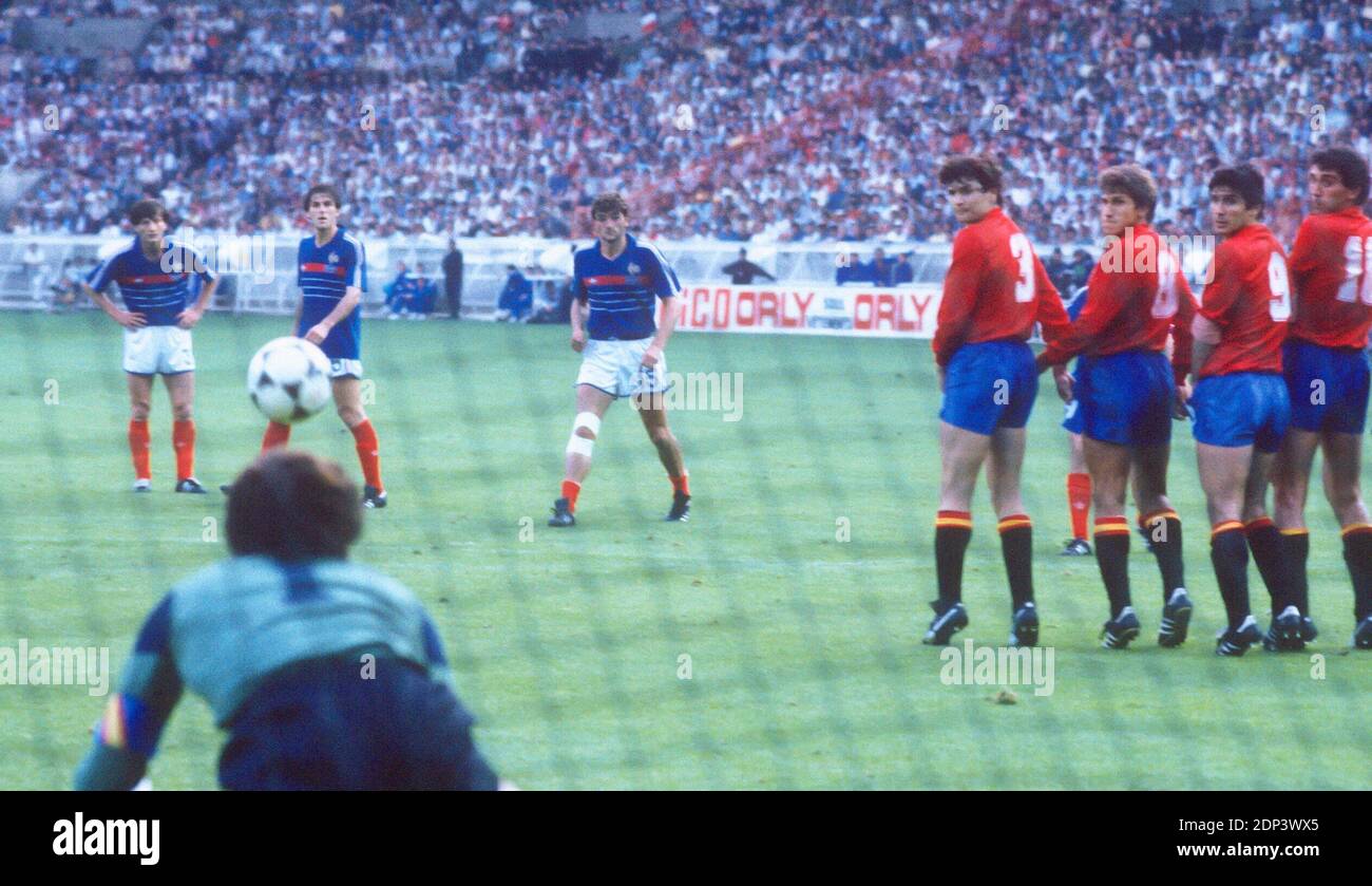 France's Michel Platini scoring the famous 1-0 free-kick goal during ...