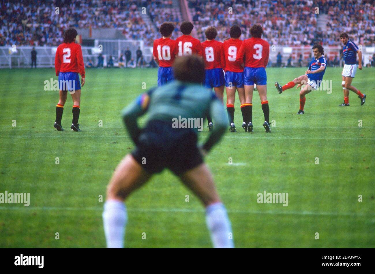 France's Michel Platini scoring the famous 1-0 free-kick goal during ...