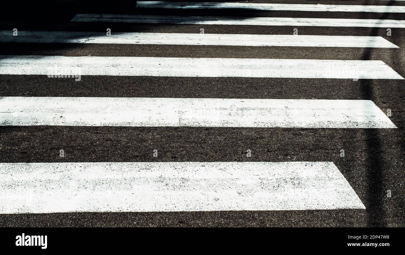 Zebra pedestrian crossing,close-up,white dotted lines indicating road ...