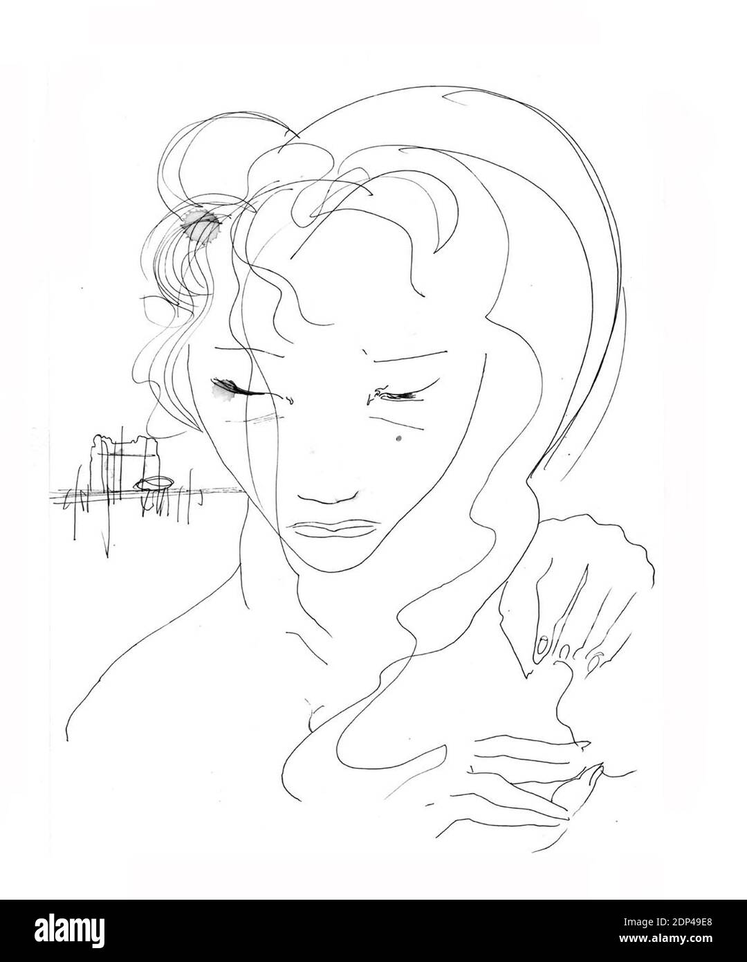 Crying girl ink line drawing Stock Photo - Alamy