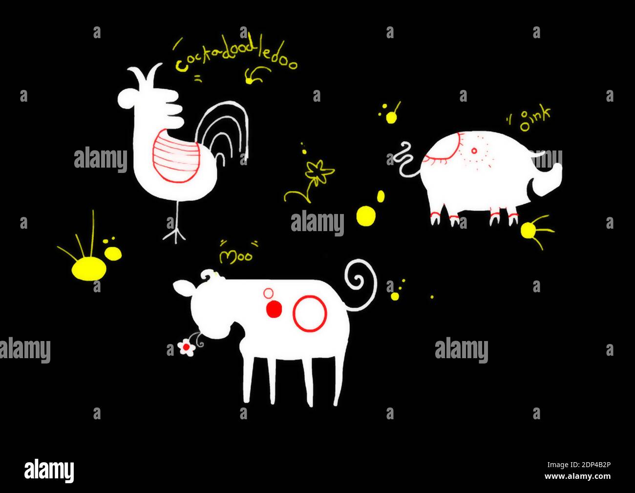 Stylized, White, and Red Farm Animals on a Black Background Stock Photo ...