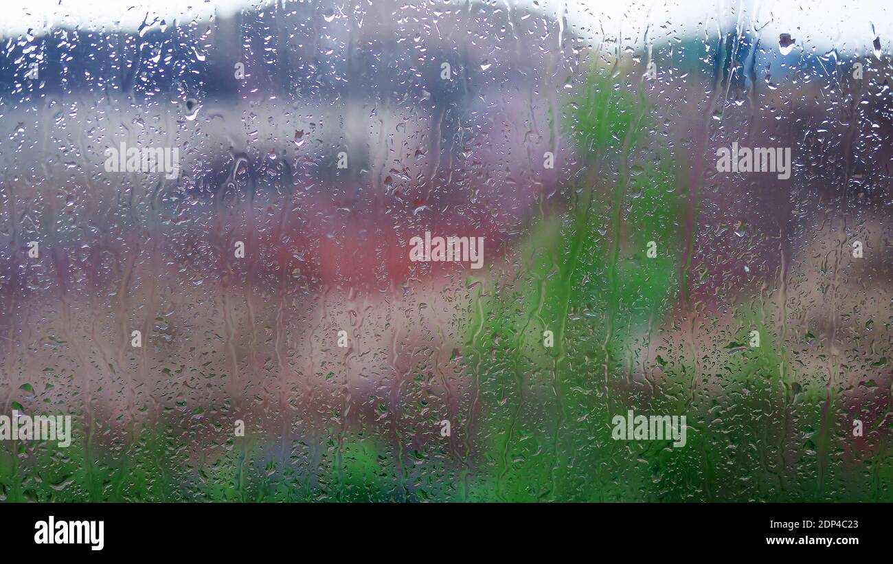 Beautiful raindrops on glass,macro drops flow down the window Stock ...