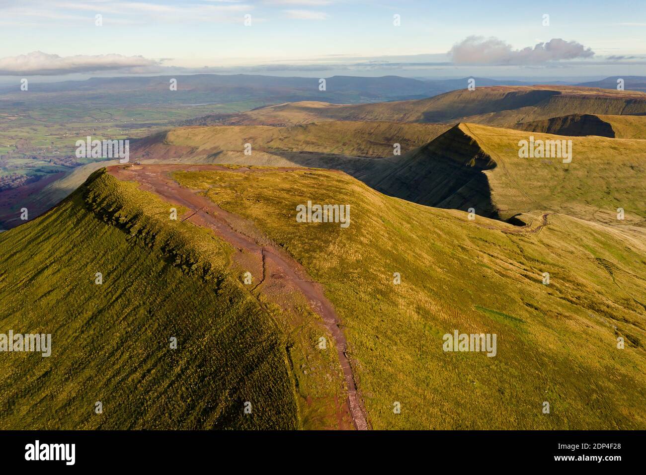 Aerial drone view of the summit on a Welsh mountain (Pen-y-Fan, Brecon ...