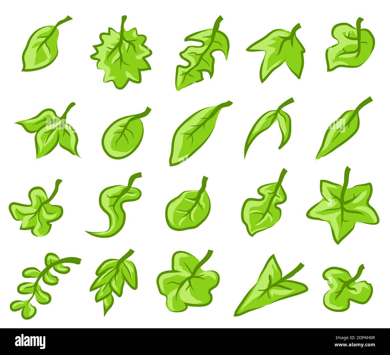 Tiny green leaf cartoon design element set, isolated color vector ...